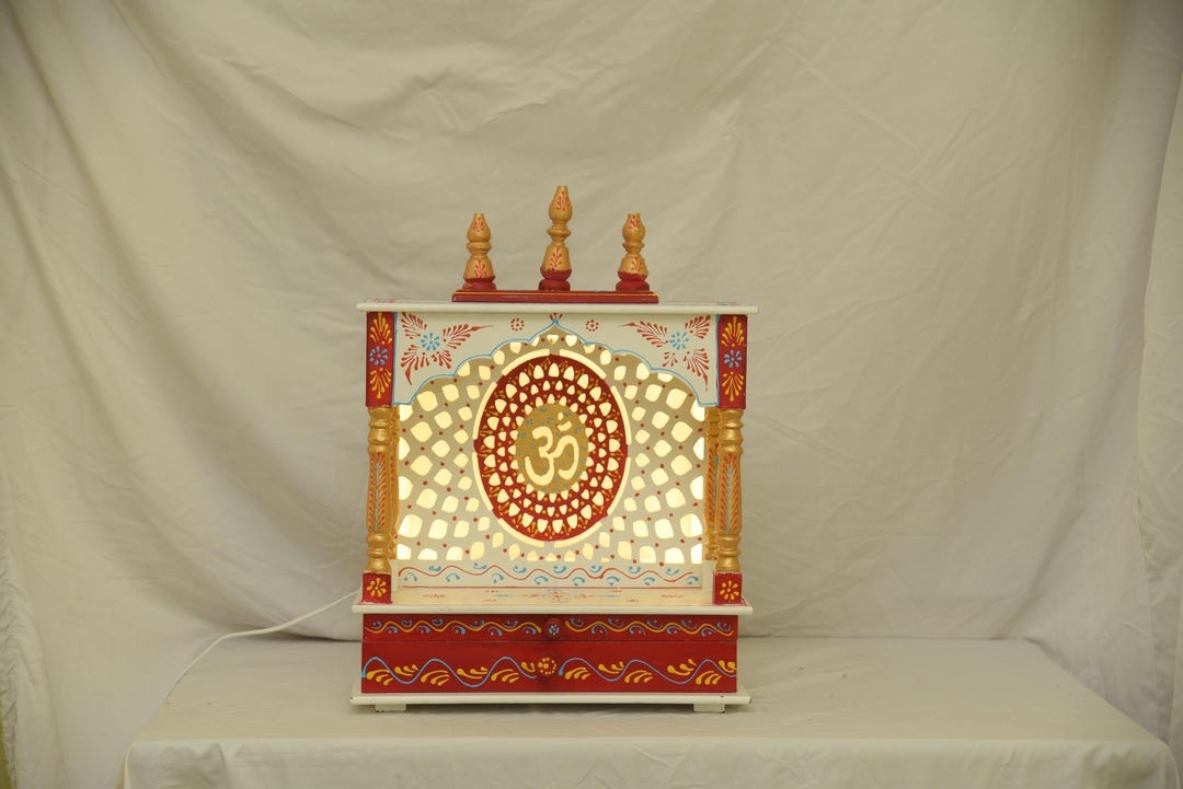 Handcrafted Hindu Home Temple – Embossed Altar With LED Light & Storage ...