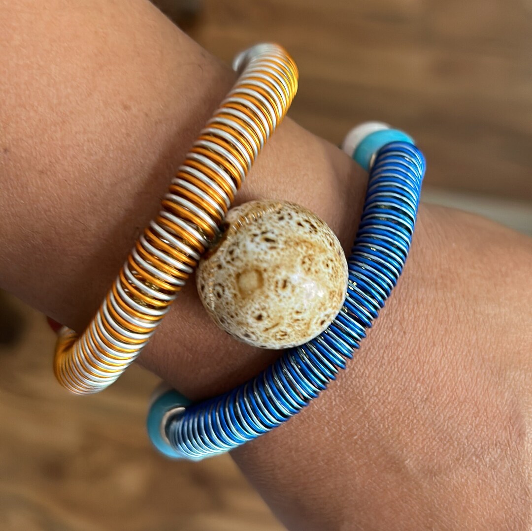 Large Wooden Buckle - Ceramic Bead Coiled - Boho Bracelet - Etsy