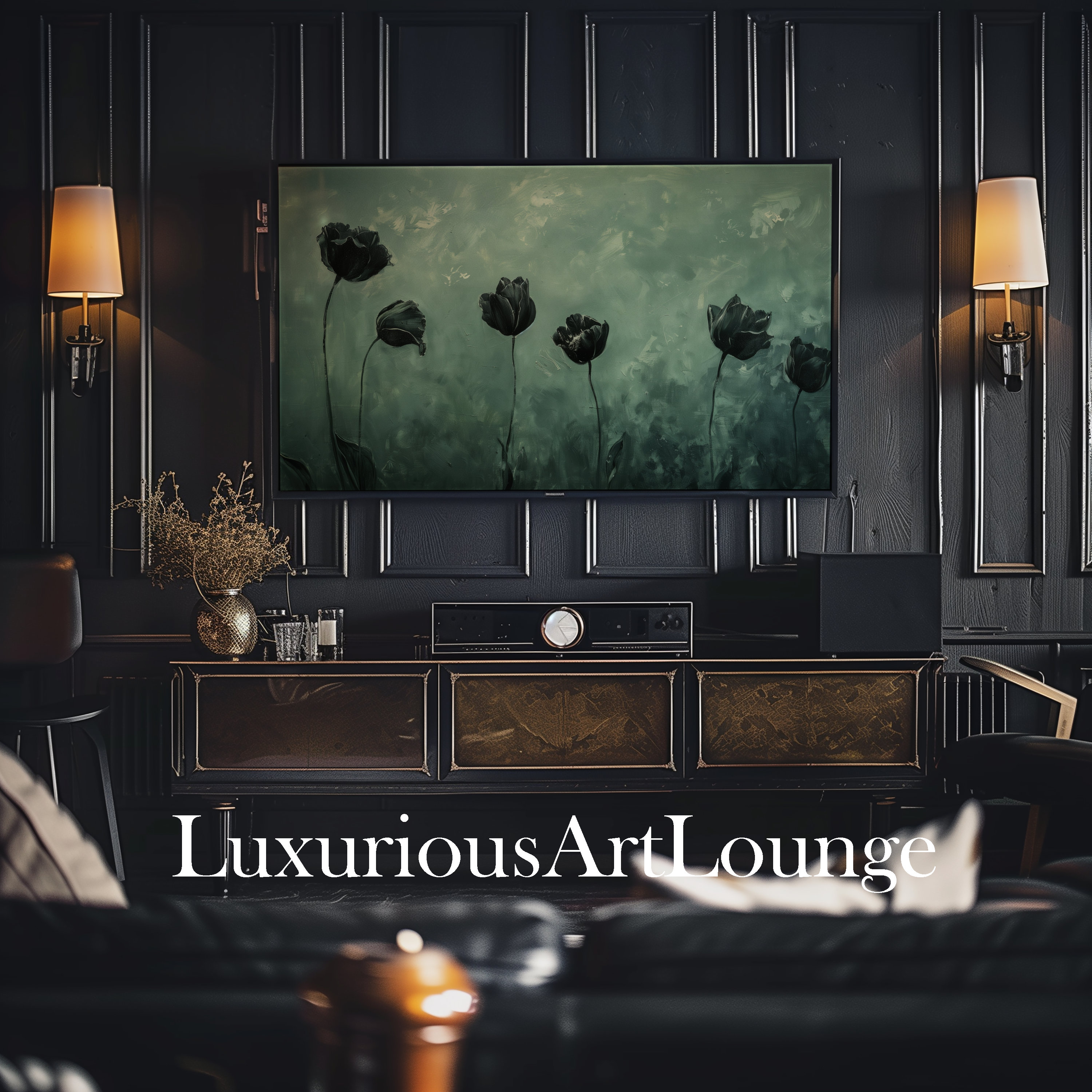 Moody Flower Painting Frame TV Art, Antique Dark Green Black Tulips ...