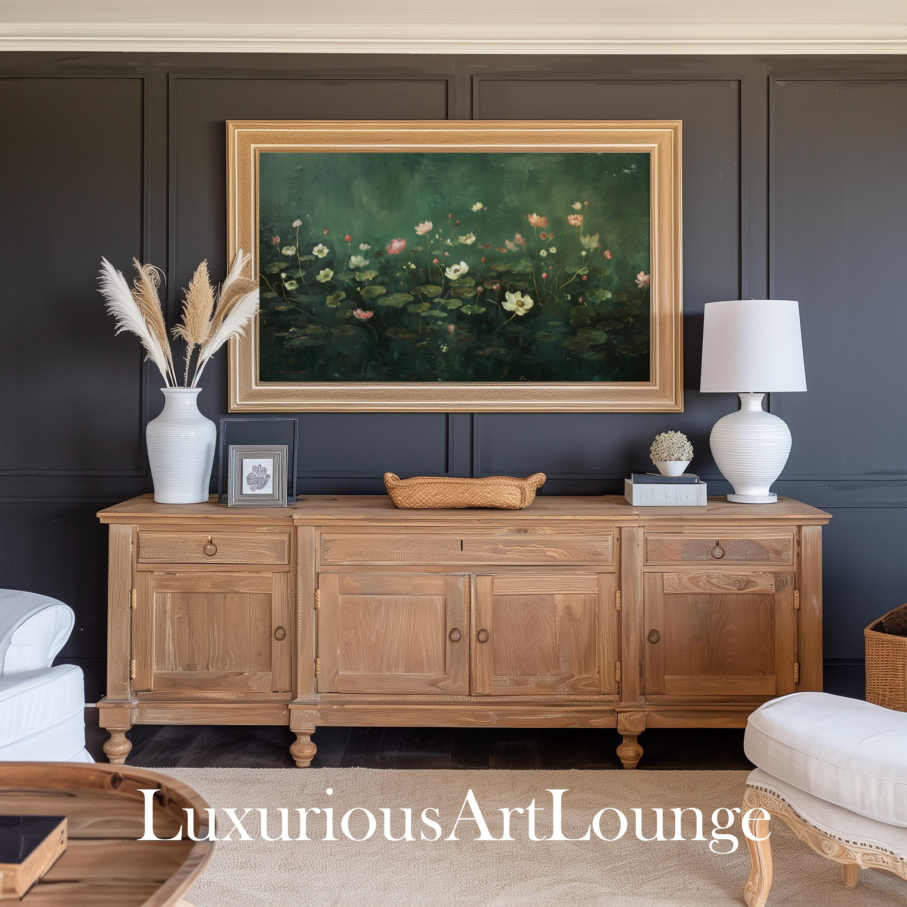 Moody Flower Painting Frame TV Art, Impressionistic Water Lilies in ...