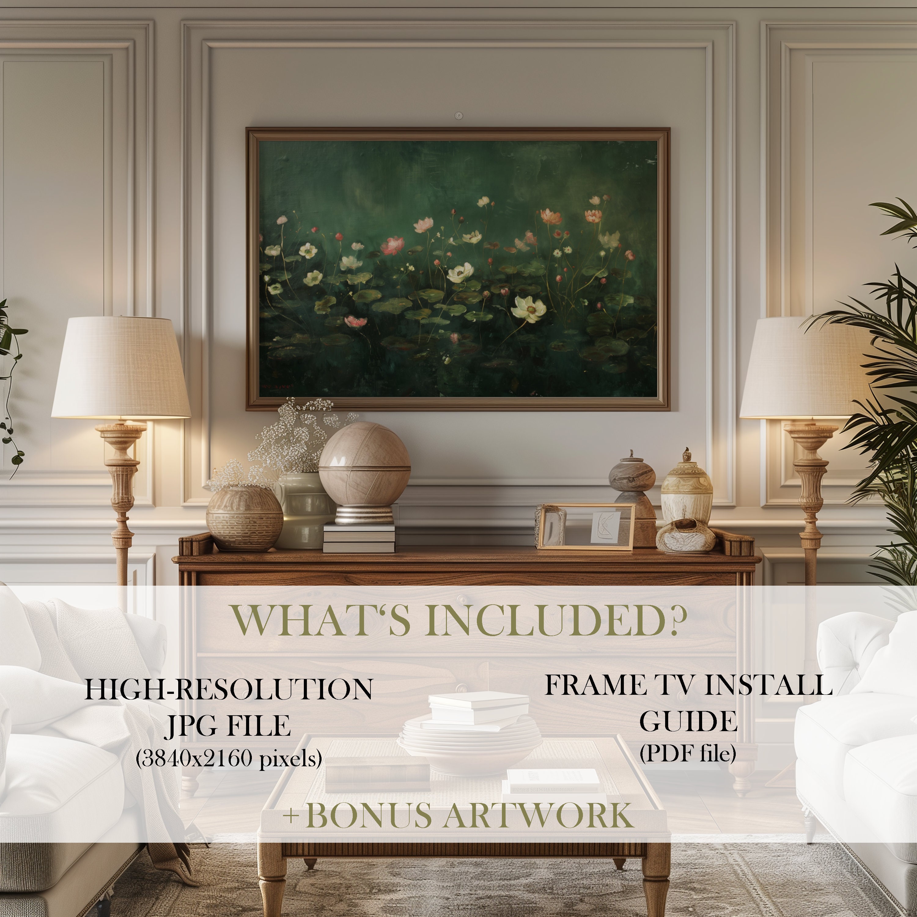 Moody Flower Painting Frame TV Art, Impressionistic Water Lilies in ...
