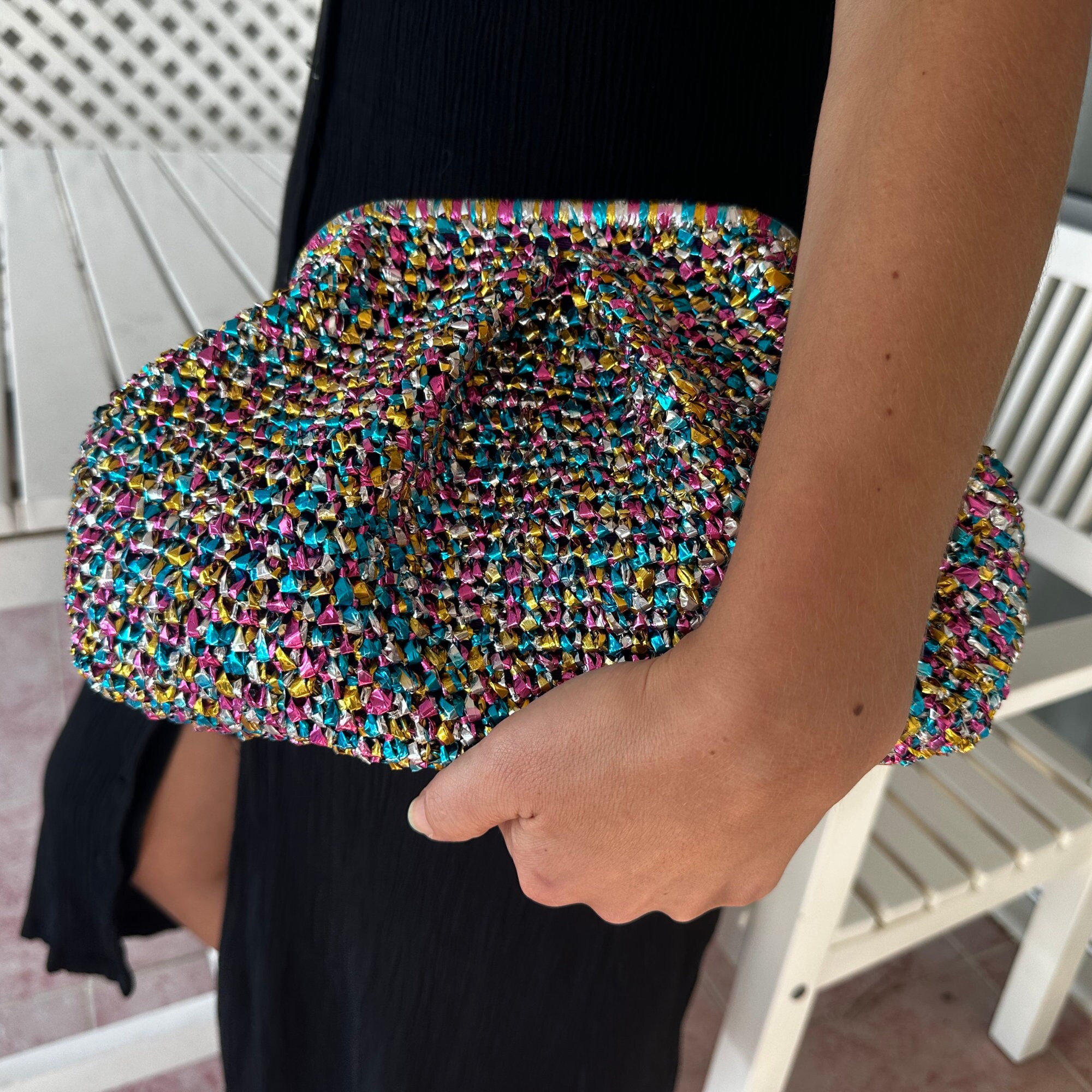 Colorful Metallic Raffia Pouch Bag - Crochet Clutch Bag - Knitted ...