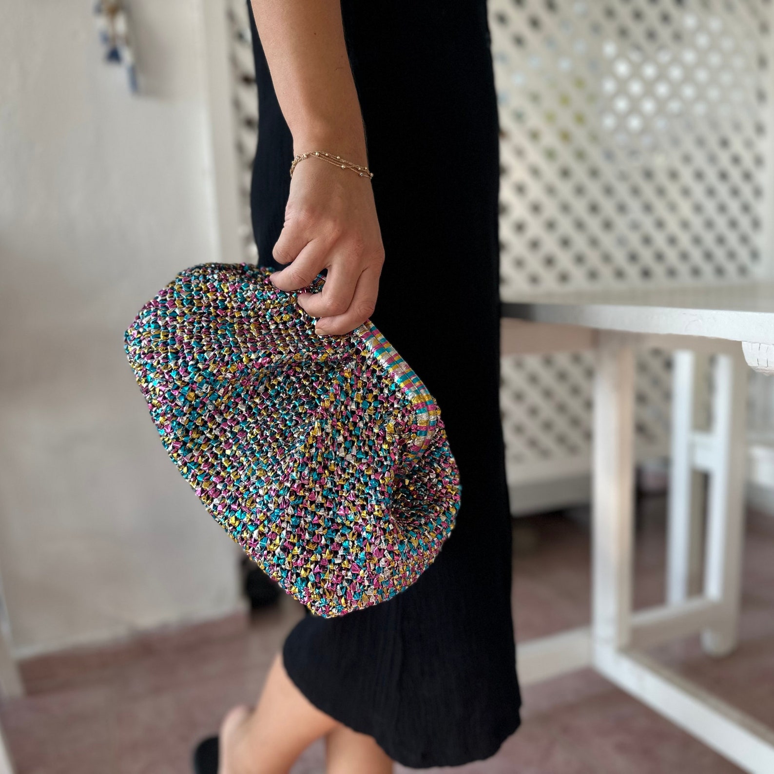 Colorful Metallic Raffia Pouch Bag Crochet Clutch Bag Knitted Wedding ...