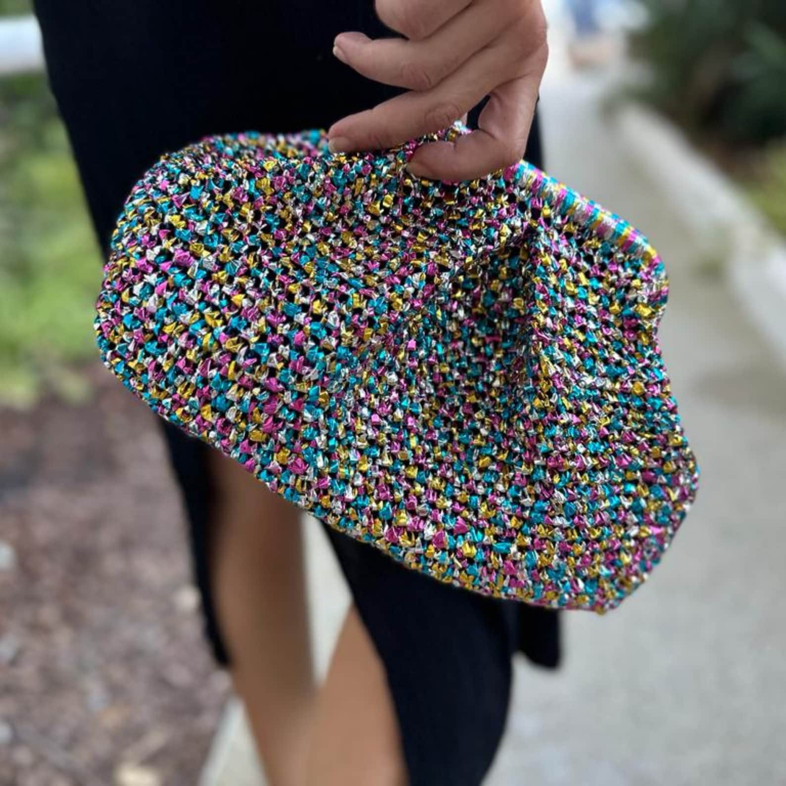 Colorful Metallic Raffia Pouch Bag - Crochet Clutch Bag - Knitted ...