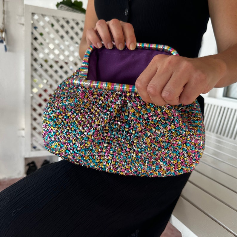 Colorful Metallic Raffia Pouch Bag - Crochet Clutch Bag - Knitted ...