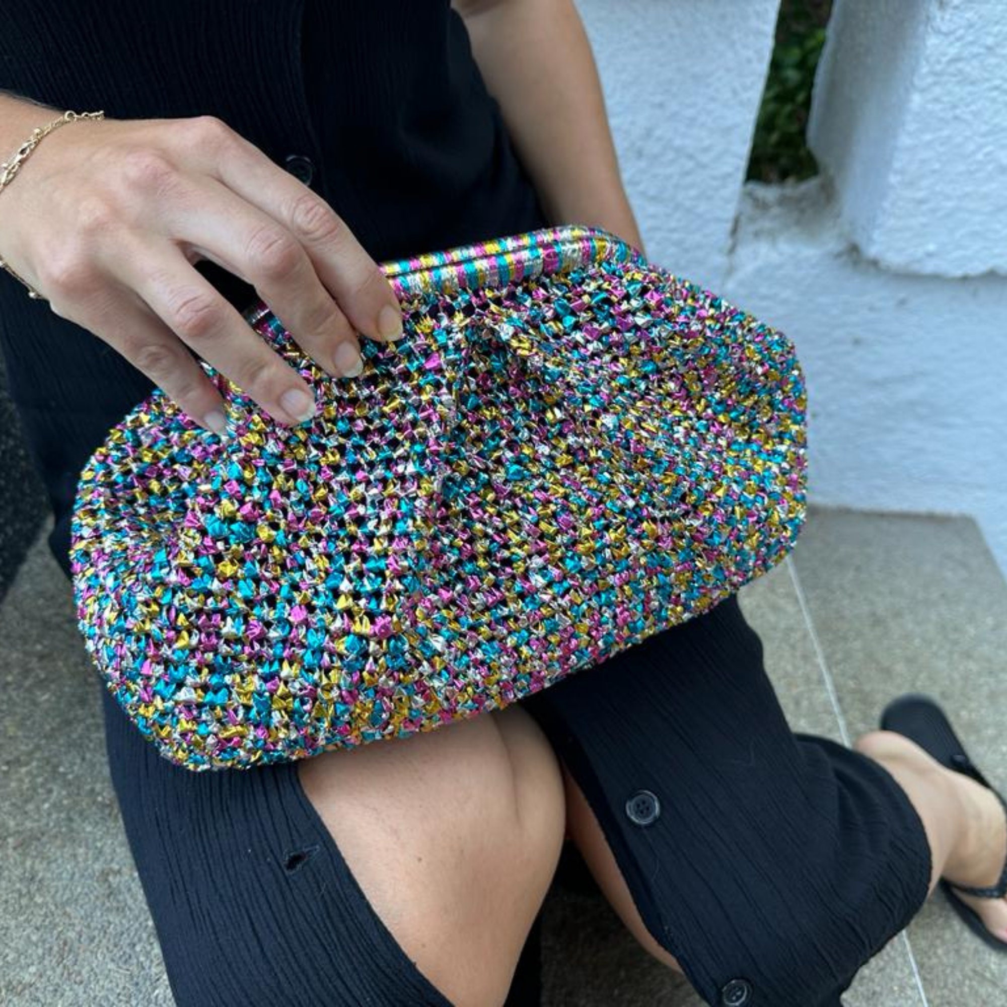 Colorful Metallic Raffia Pouch Bag - Crochet Clutch Bag - Knitted ...
