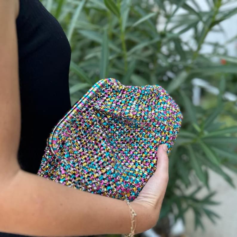 Colorful Metallic Raffia Pouch Bag - Crochet Clutch Bag - Knitted ...