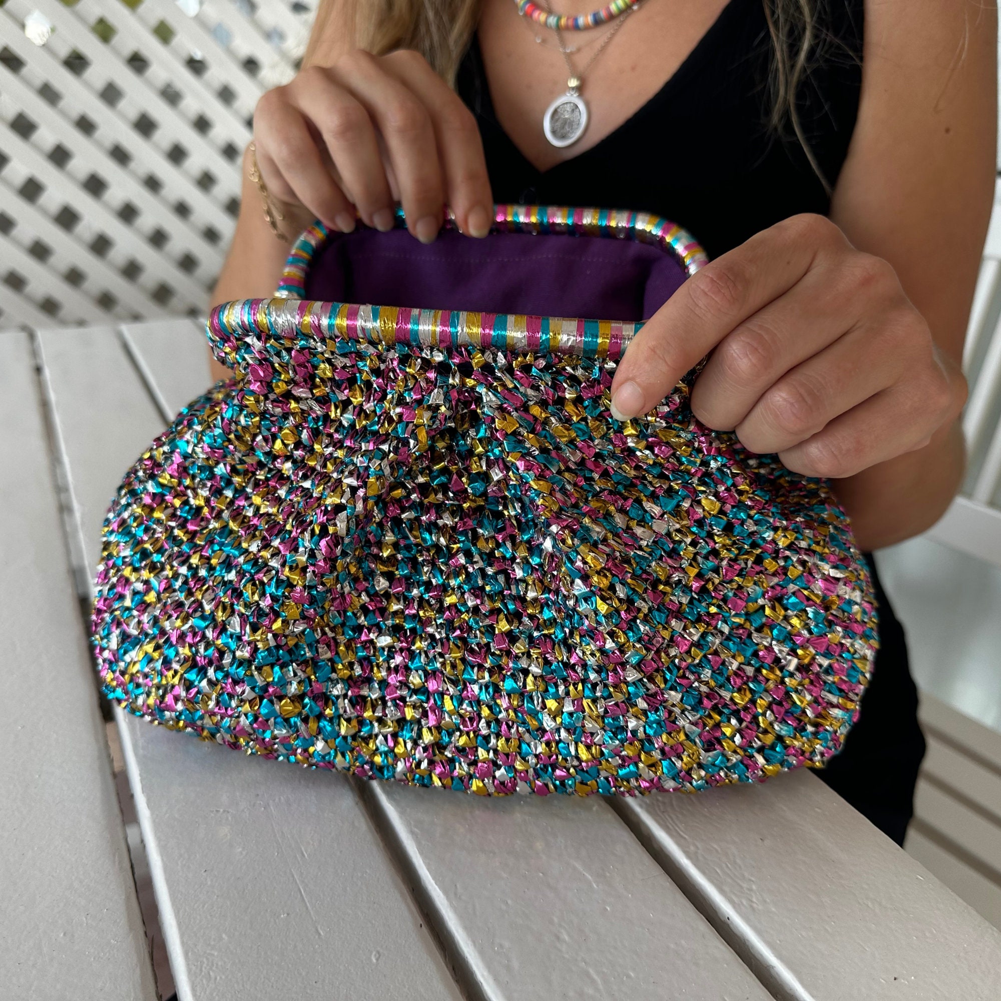 Colorful Metallic Raffia Pouch Bag Crochet Clutch Bag Knitted Wedding ...