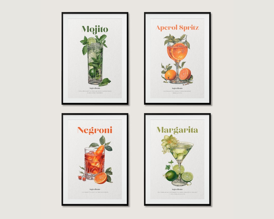 Vintage Cocktail Illustration Set - Set of 4 Retro Bar Art Prints ...