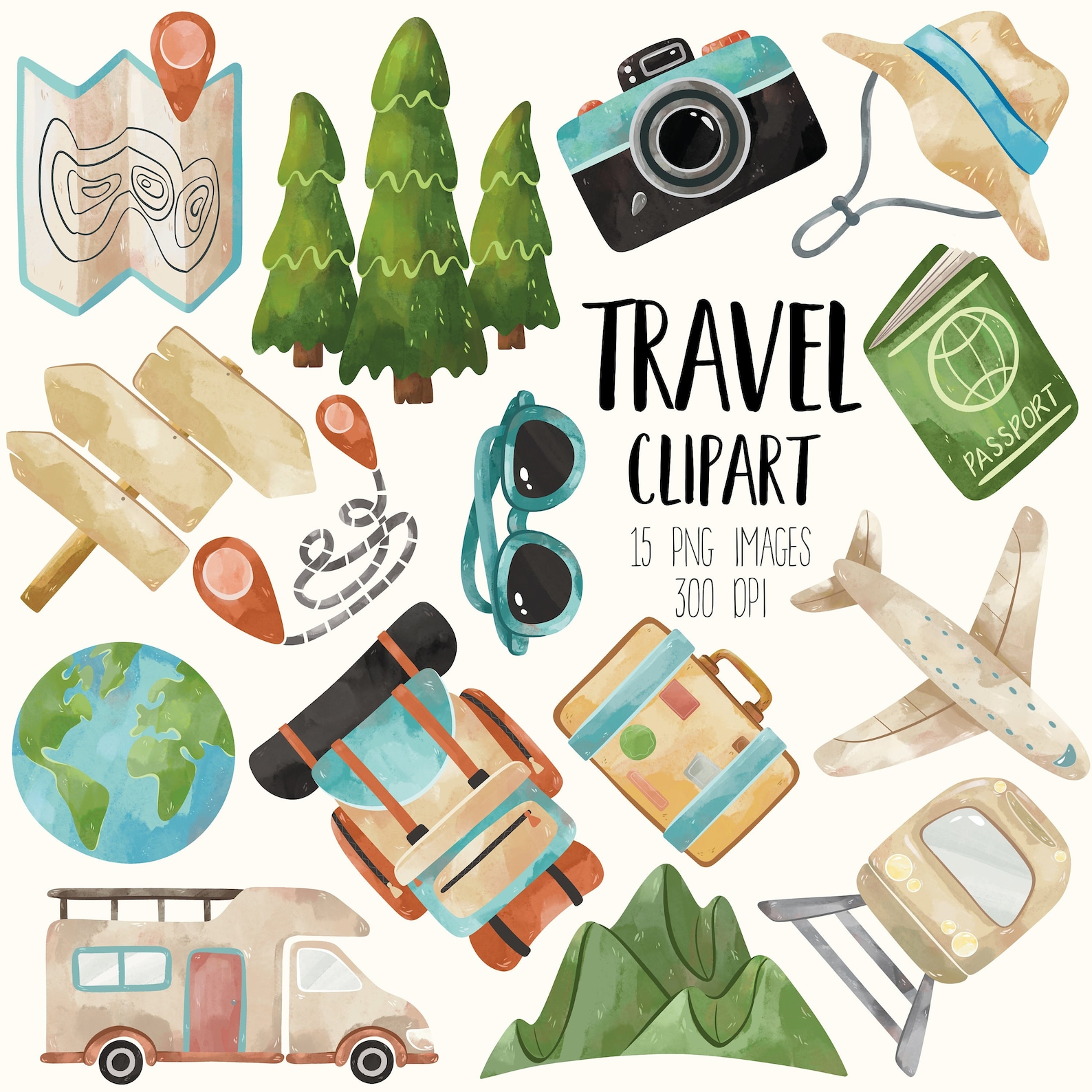 Travel Clipart, Travel Illustrations, Digital Download, Vacation ...