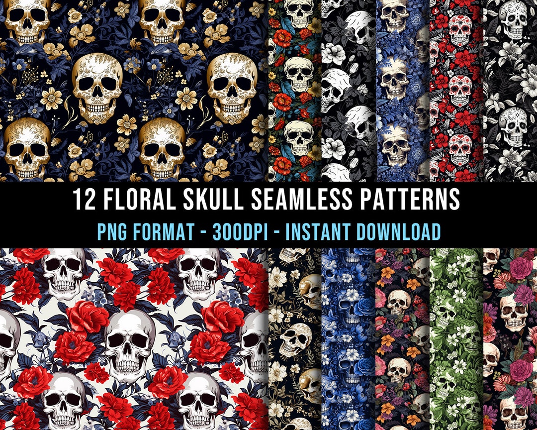 Floral Skull Seamless Pattern | 12 Digital Downloads | Flower Pattern ...