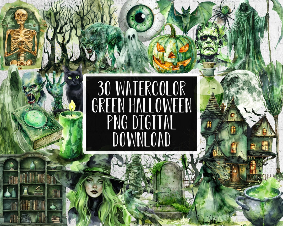 30 Green Watercolor Halloween Clipart, Cute Green Halloween Bundle ...