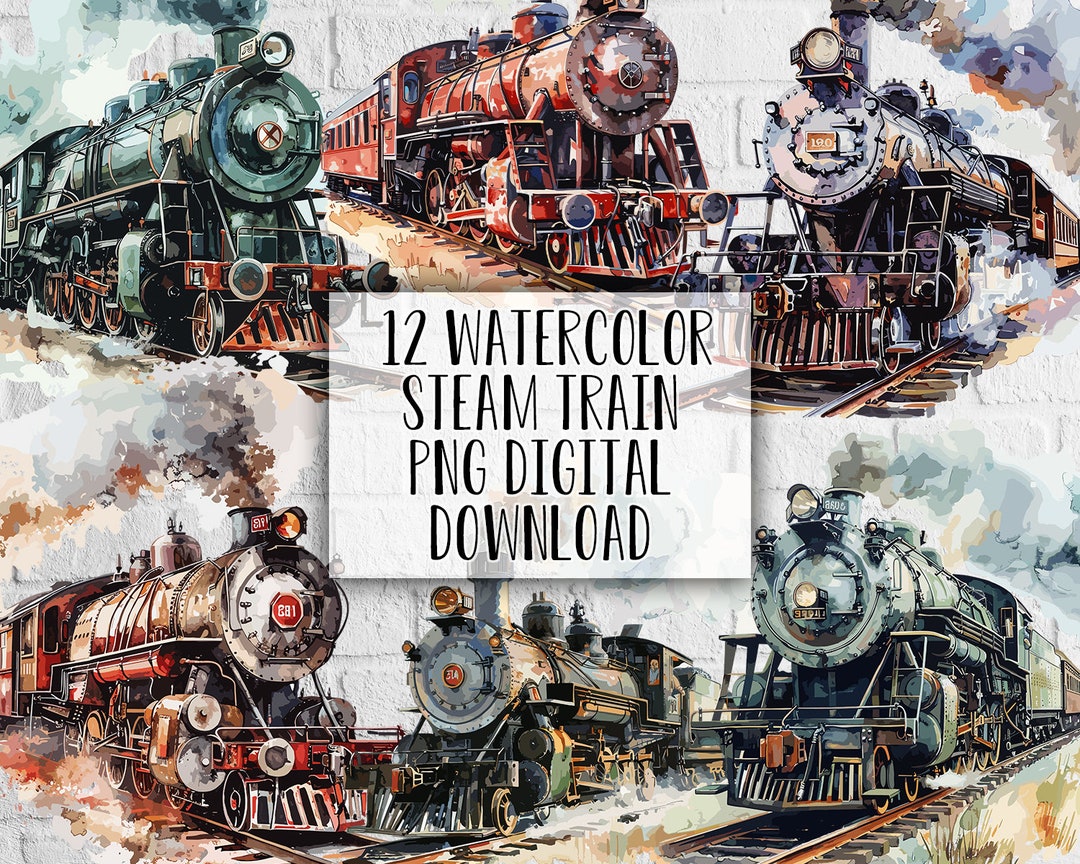 12 Watercolor Vintage Steam Train Clipart - Printable Art for Crafts ...
