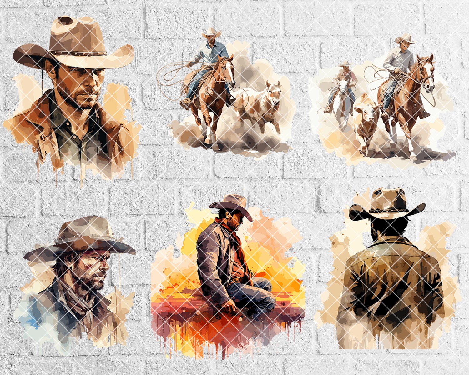12 Watercolor Cowboy Clipart - Printable Art for Crafts, Scrapbooking ...