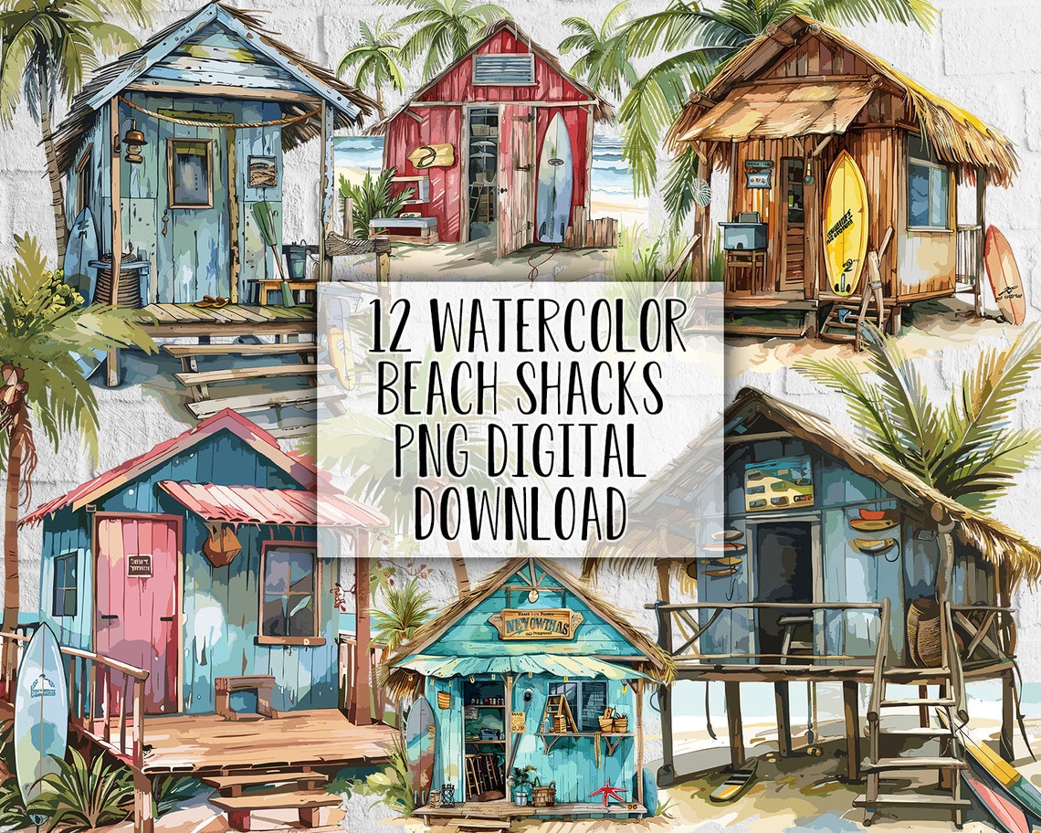12 Beach Shack Clipart - Printable Art for Crafts, Scrapbooking, and ...