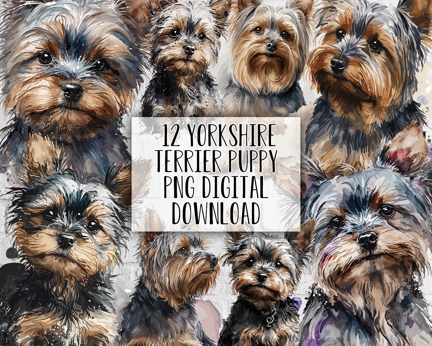 12 Watercolor Yorkshire Terrier Puppy Clipart Printable Art for Crafts ...