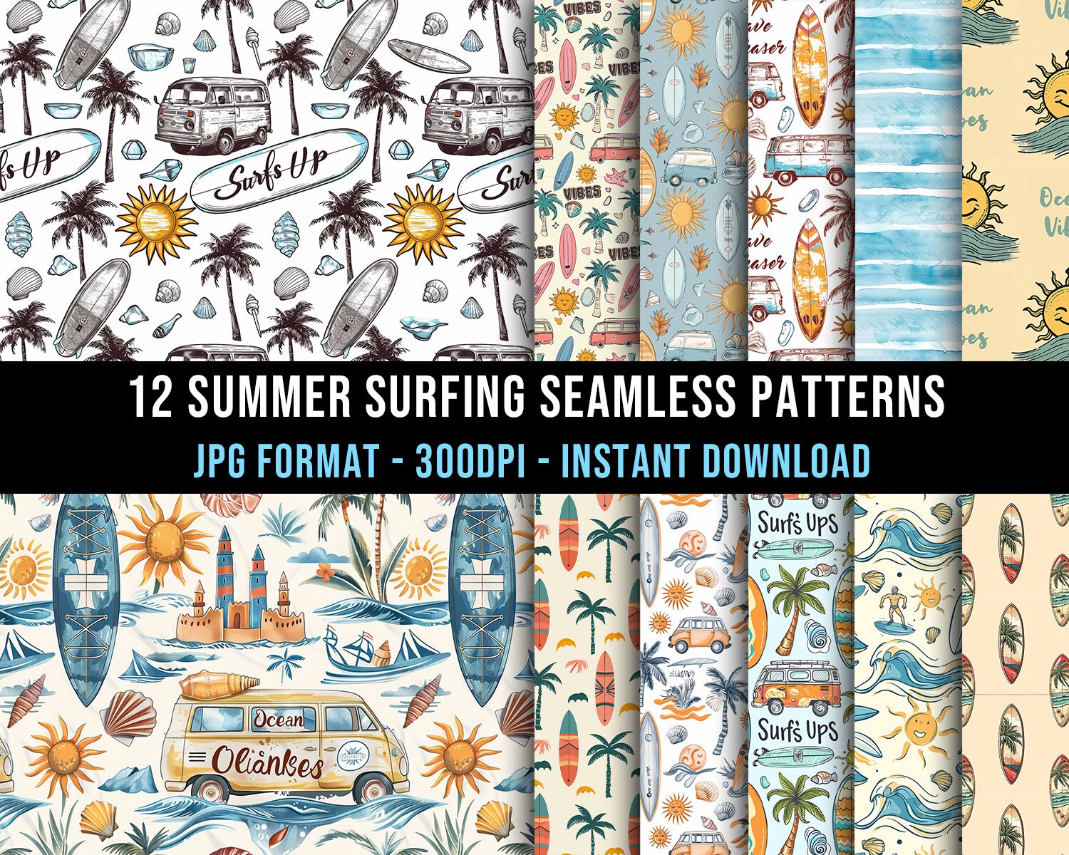Summer Surfing Beach Digital Paper Surfing Seamless Patterns 12 Digital ...