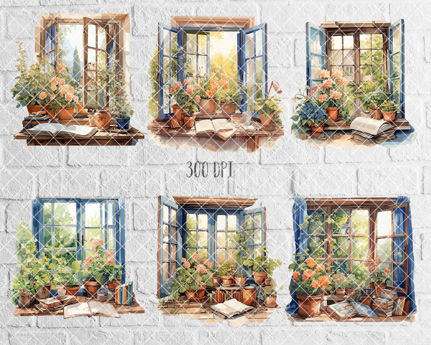 10 Watercolor Window With Books and Flowers Clipart - Printable Art for ...