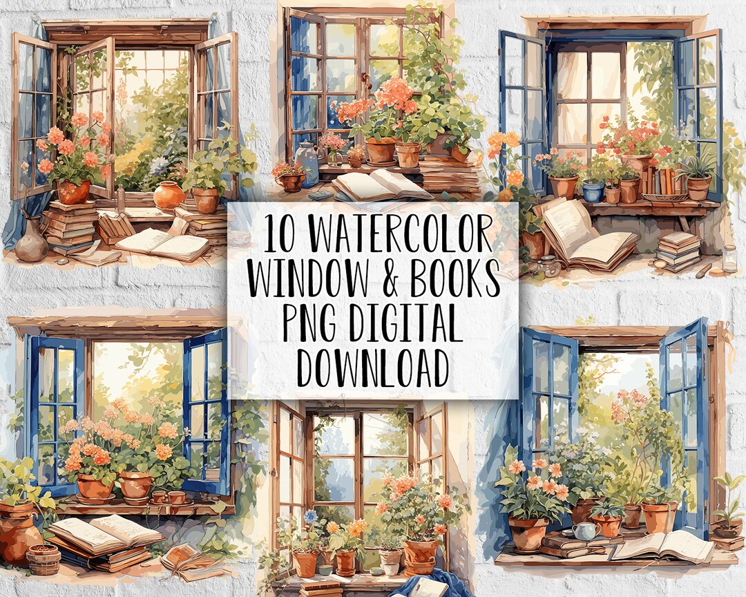 10 Watercolor Window With Books and Flowers Clipart - Printable Art for ...