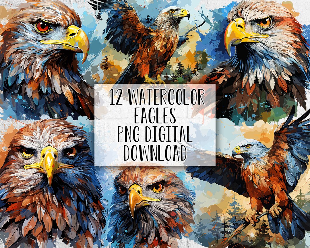 12 Watercolor Eagle Clipart Printable Art for Crafts, Scrapbooking, and ...