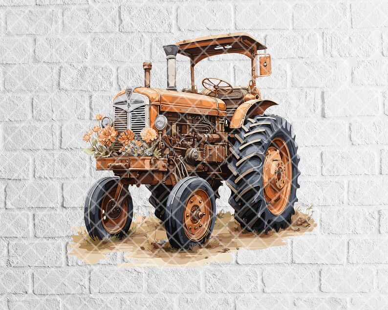 Watercolor Vintage Tractor Clipart With Floral Accents - Set of 10 PNG ...