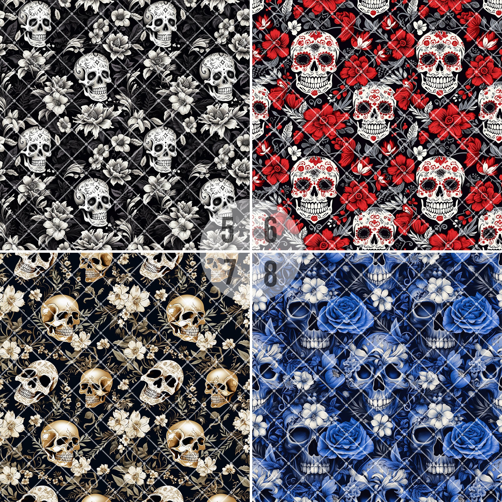 Floral Skull Seamless Pattern 12 Digital Downloads Flower Pattern PNG 300DP - Etsy