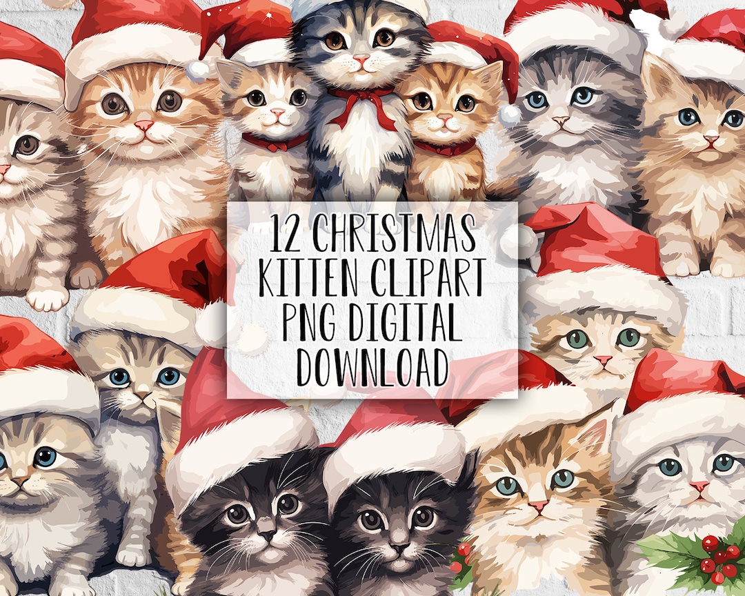 12 Christmas Kittens Clipart Printable Art for Crafts, Scrapbooking ...