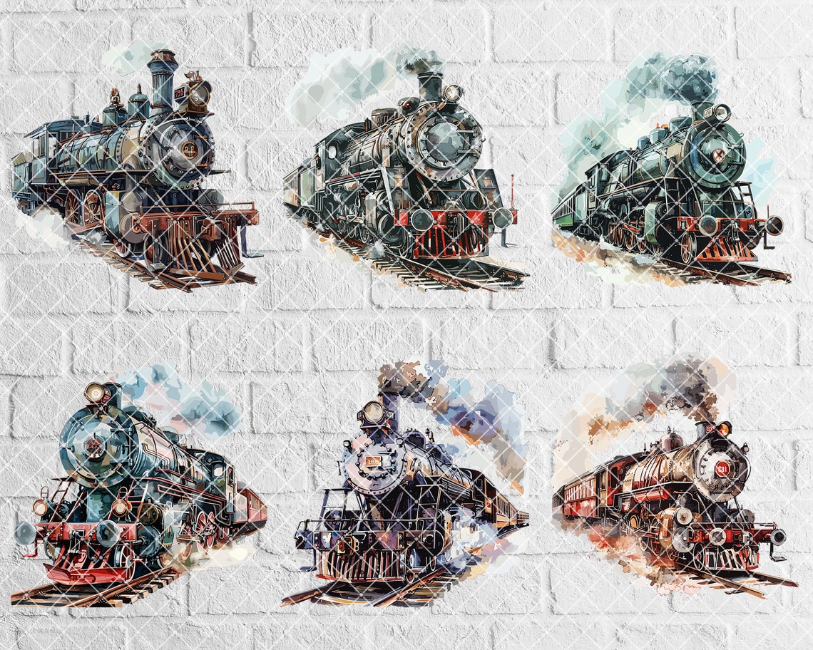 12 Watercolor Vintage Steam Train Clipart Printable Art for Crafts ...