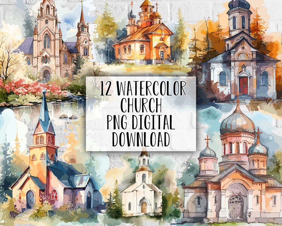 12 Watercolor Church Clipart - Printable Art for Crafts, Scrapbooking ...