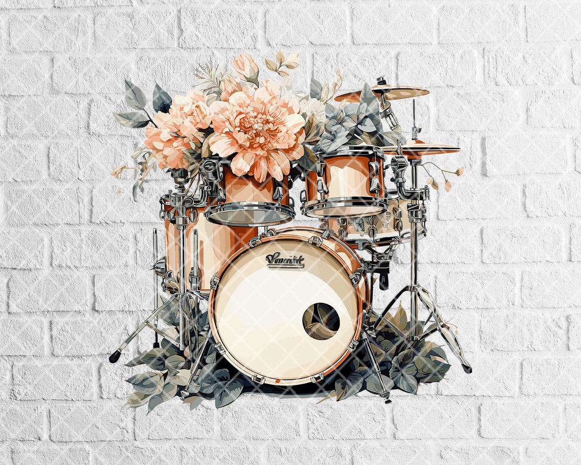 Watercolor Drum Set Clipart With Floral Accents Set of 10 PNG Digital ...