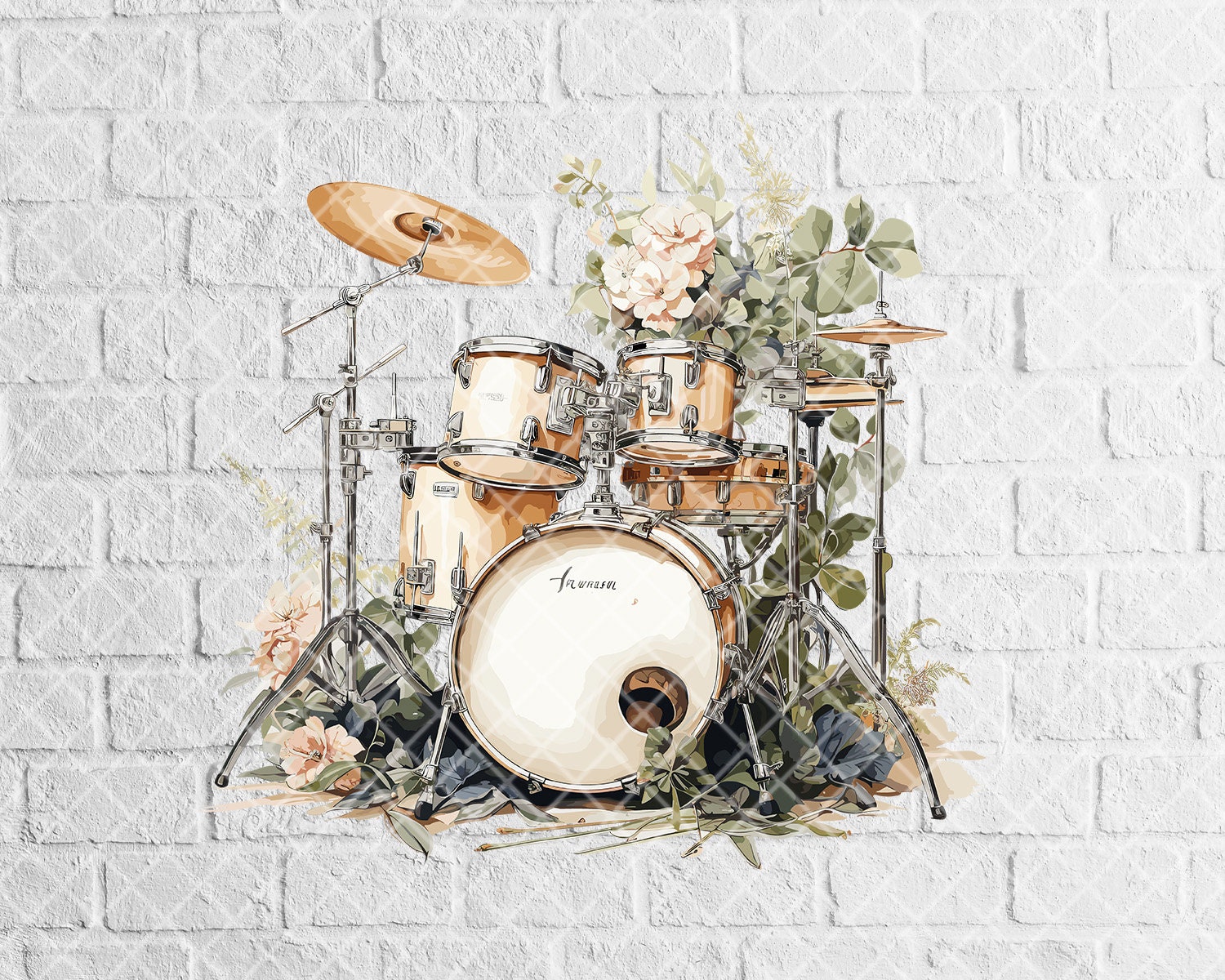 Watercolor Drum Set Clipart With Floral Accents Set of 10 PNG Digital ...