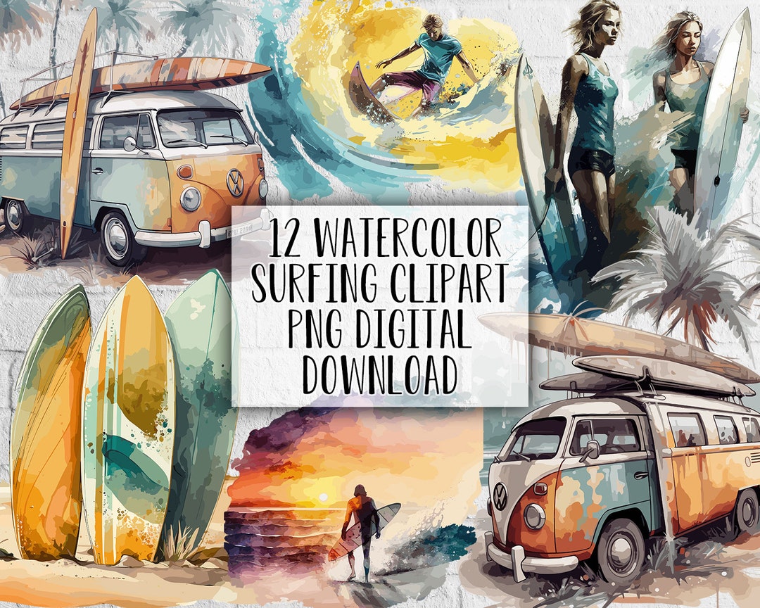 12 Watercolor Surfing Clipart - Printable Art for Crafts, Scrapbooking ...