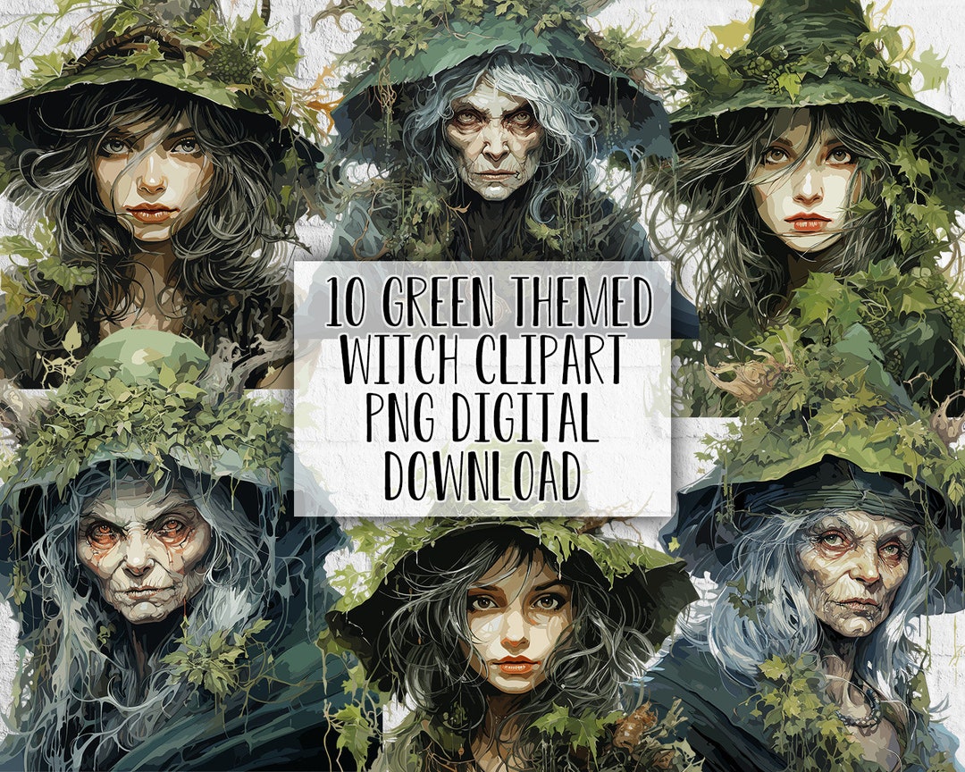 Green Leaf Witch Clipart Set: 10 Youthful and Spooky PNG Images ...