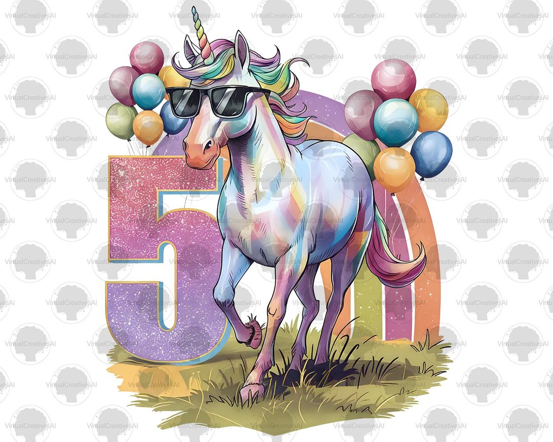 Girls 5th Birthday Unicorn PNG, Cute Unicorn Birthday PNG Sublimation ...