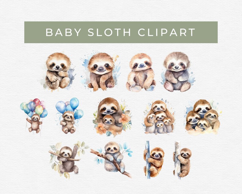 Baby Sloth Clipart Cute Sloth in Flowers and Leaves Watercolor Clip Art ...