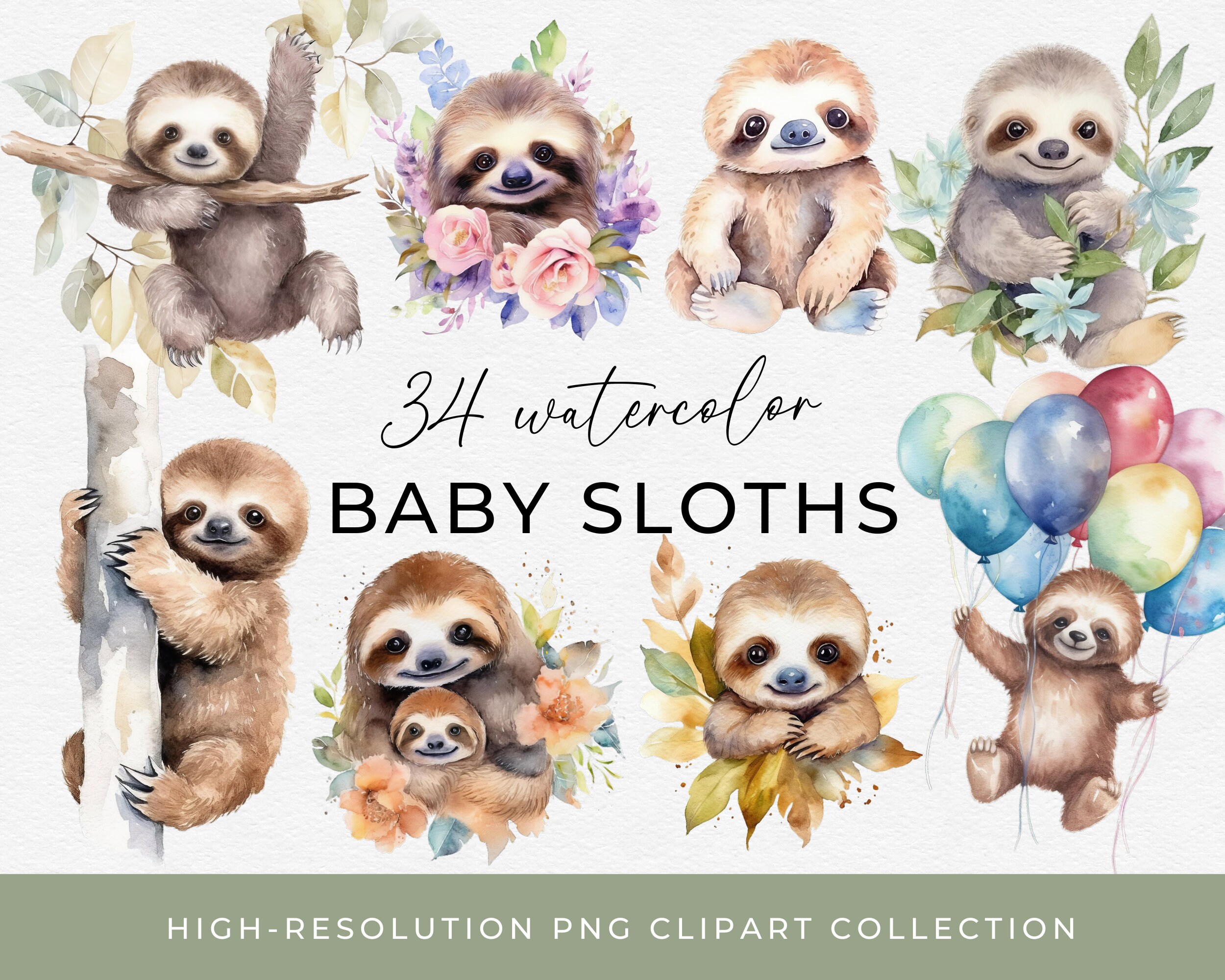 Baby Sloth Clipart Cute Sloth in Flowers and Leaves Watercolor Clip Art ...