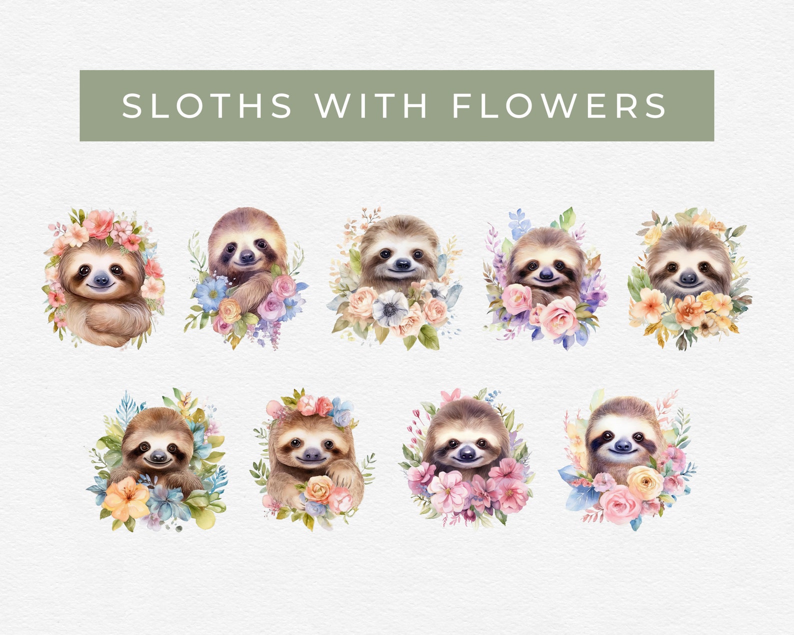 Baby Sloth Clipart Cute Sloth in Flowers and Leaves Watercolor Clip Art ...