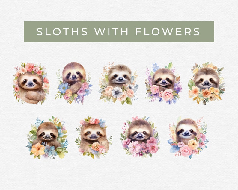 Baby Sloth Clipart Cute Sloth in Flowers and Leaves Watercolor Clip Art ...