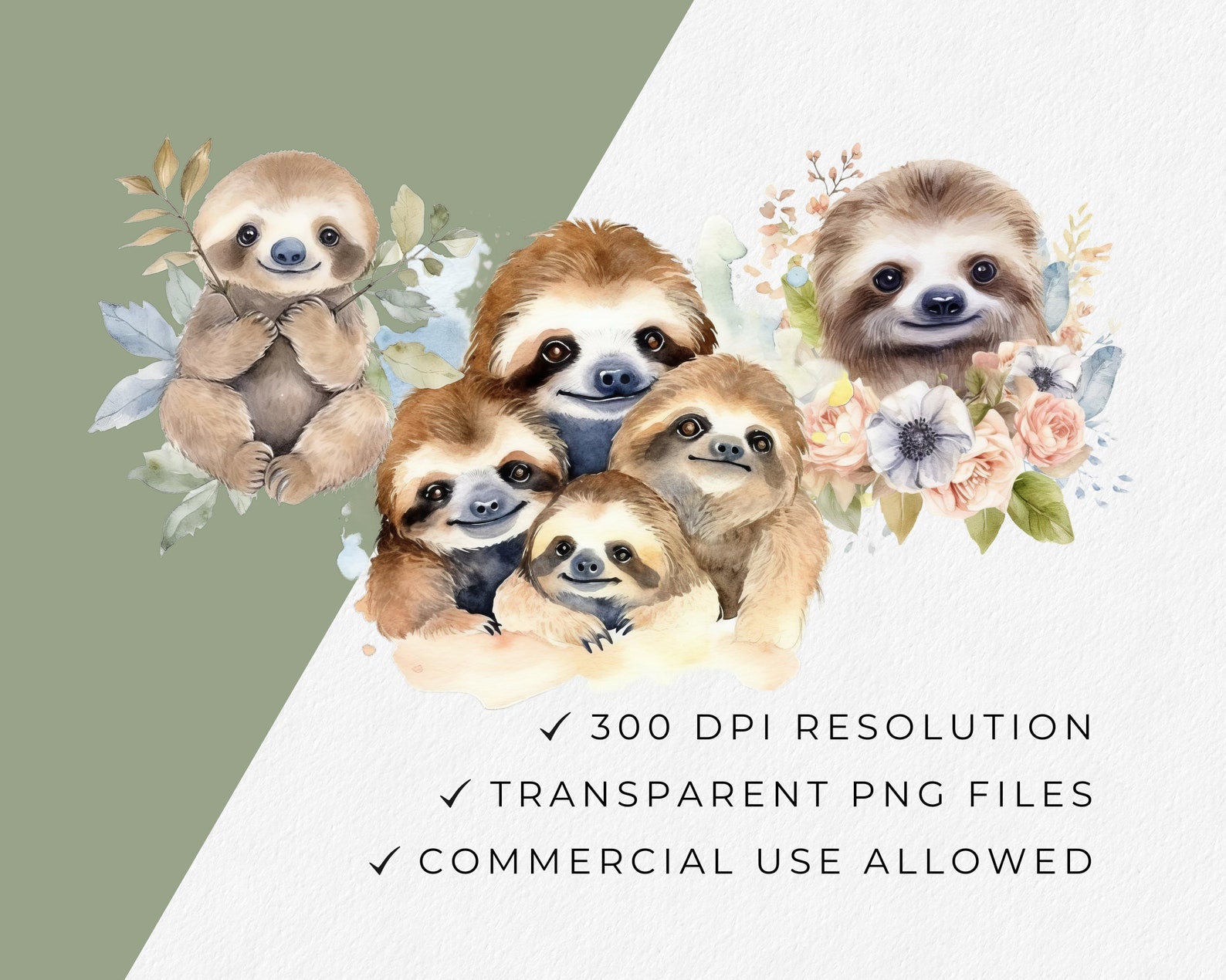 Baby Sloth Clipart Cute Sloth in Flowers and Leaves Watercolor Clip Art ...