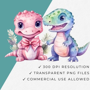Cute Dinosaurs Watercolor Clipart Baby Dino & T-rex Clip Art for Girls ...