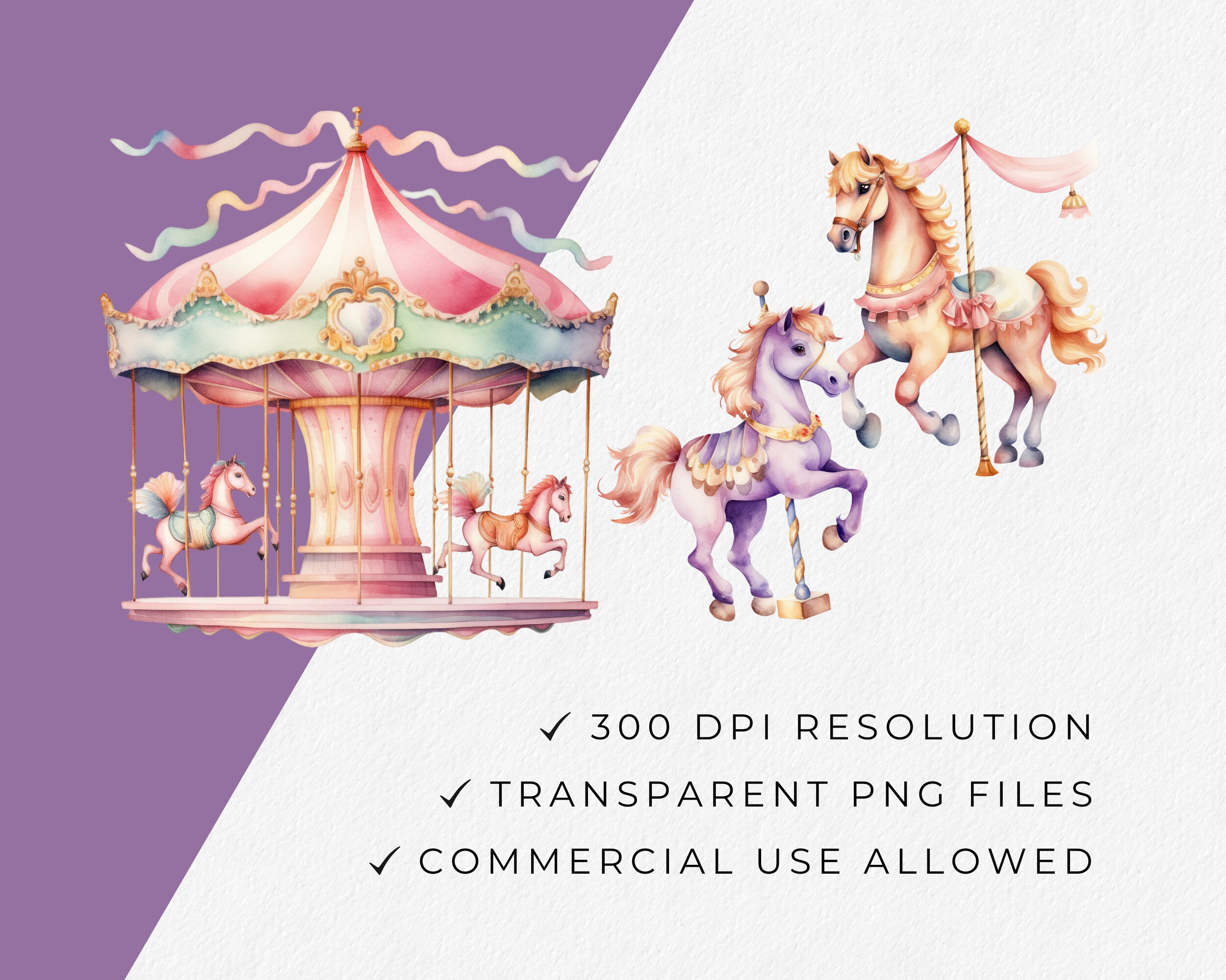 Carousel Horse Clipart Pink & Purple Merry-go-round Image Bundle ...