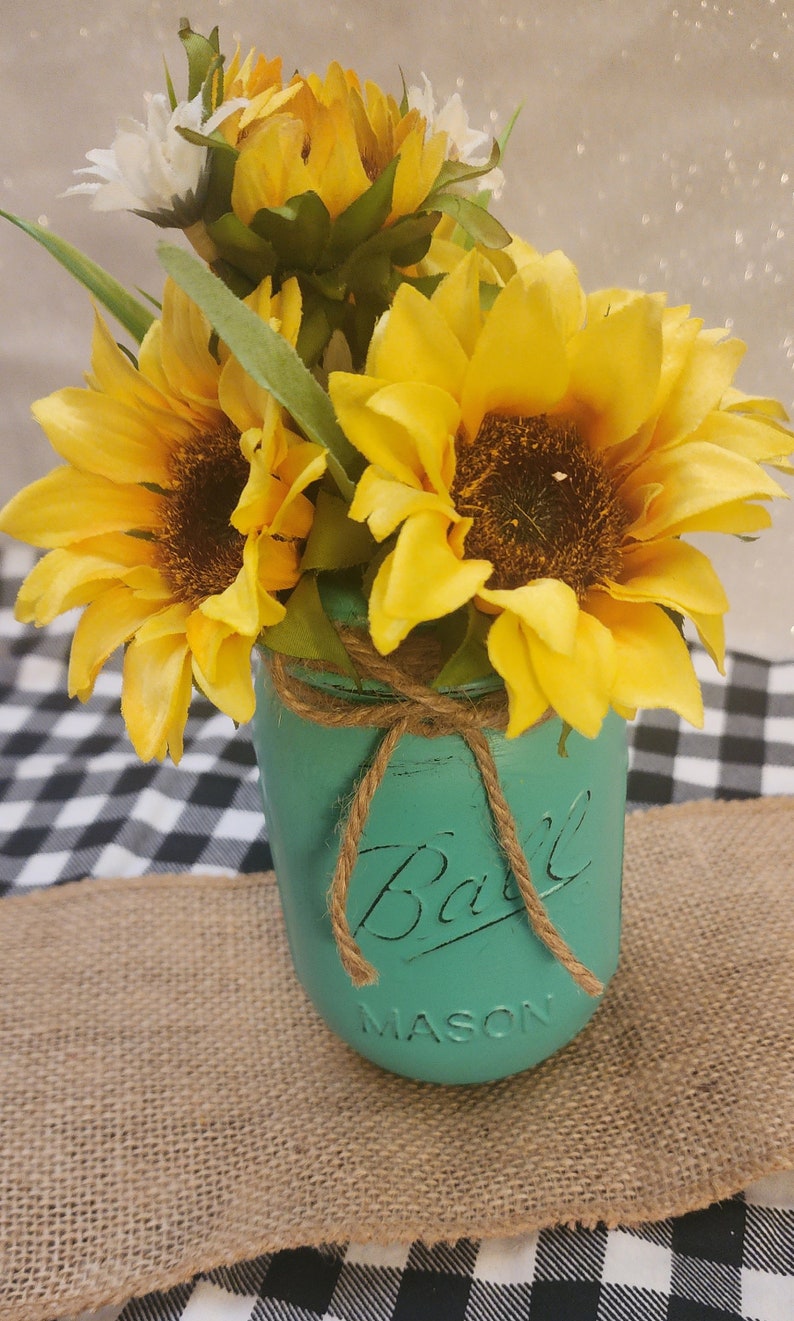 Teal and Sunflowers Medium Mason Jar. - Etsy