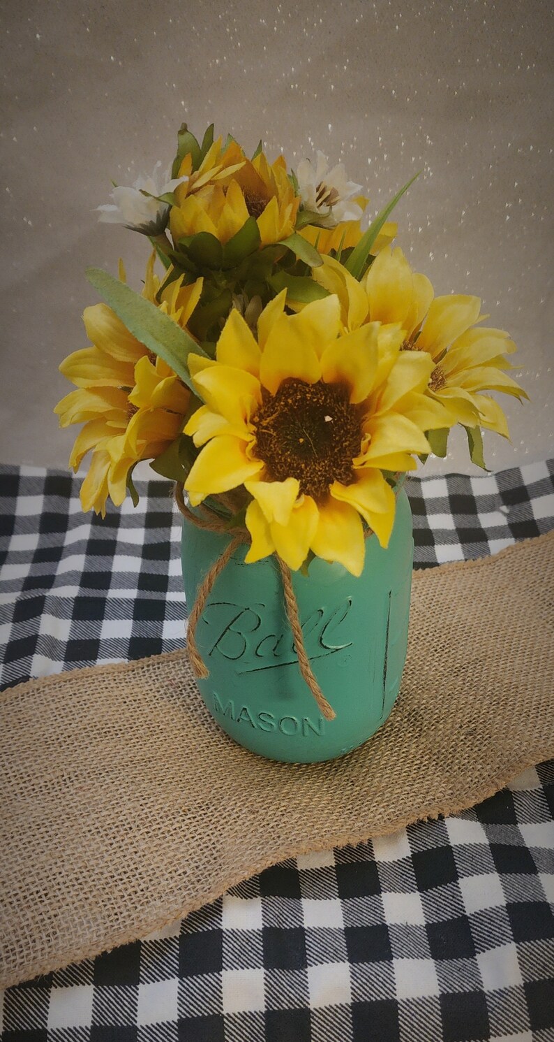 Teal and Sunflowers Medium Mason Jar. - Etsy