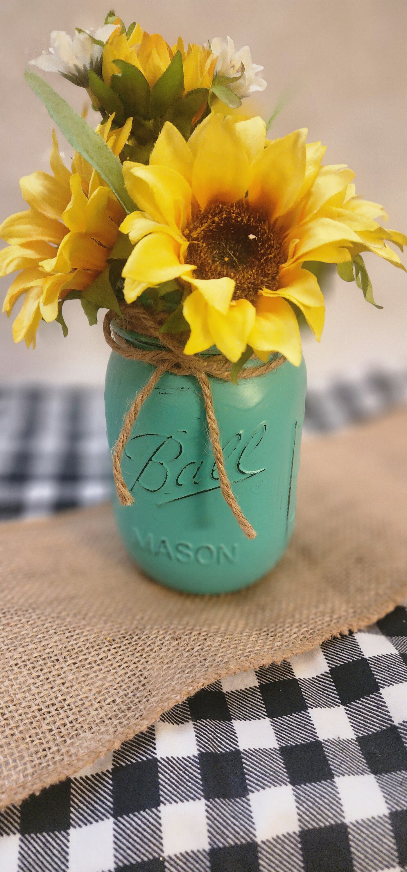 Teal and Sunflowers Medium Mason Jar. - Etsy