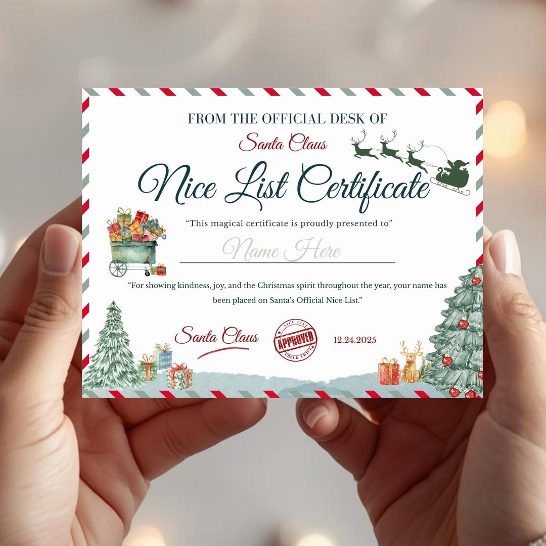 Santa's Official Nice List Certificate, Elf Nice List, Nice List ...
