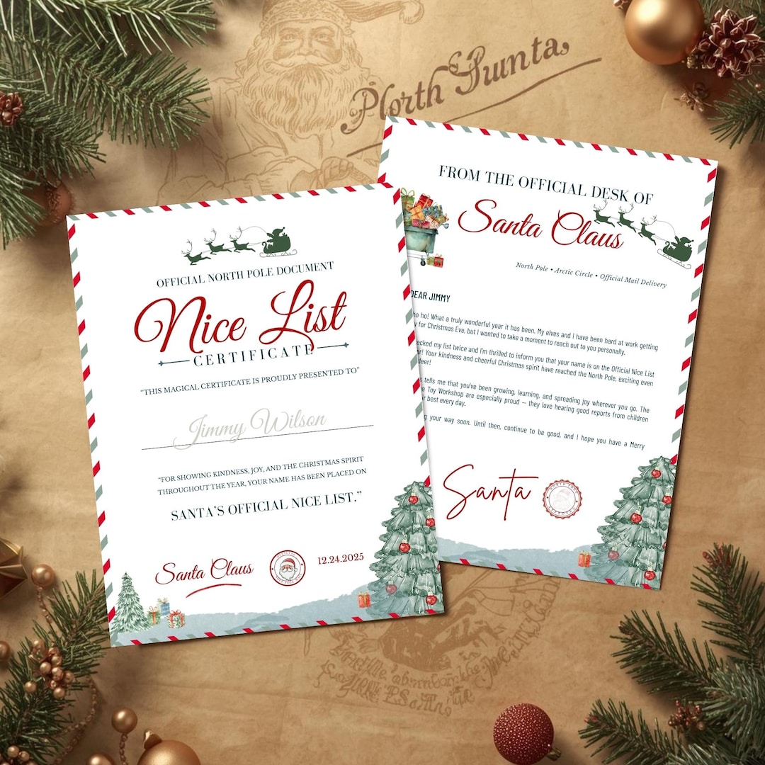 Santa Official Nice List Printable Certificate& Christmas Letters From ...