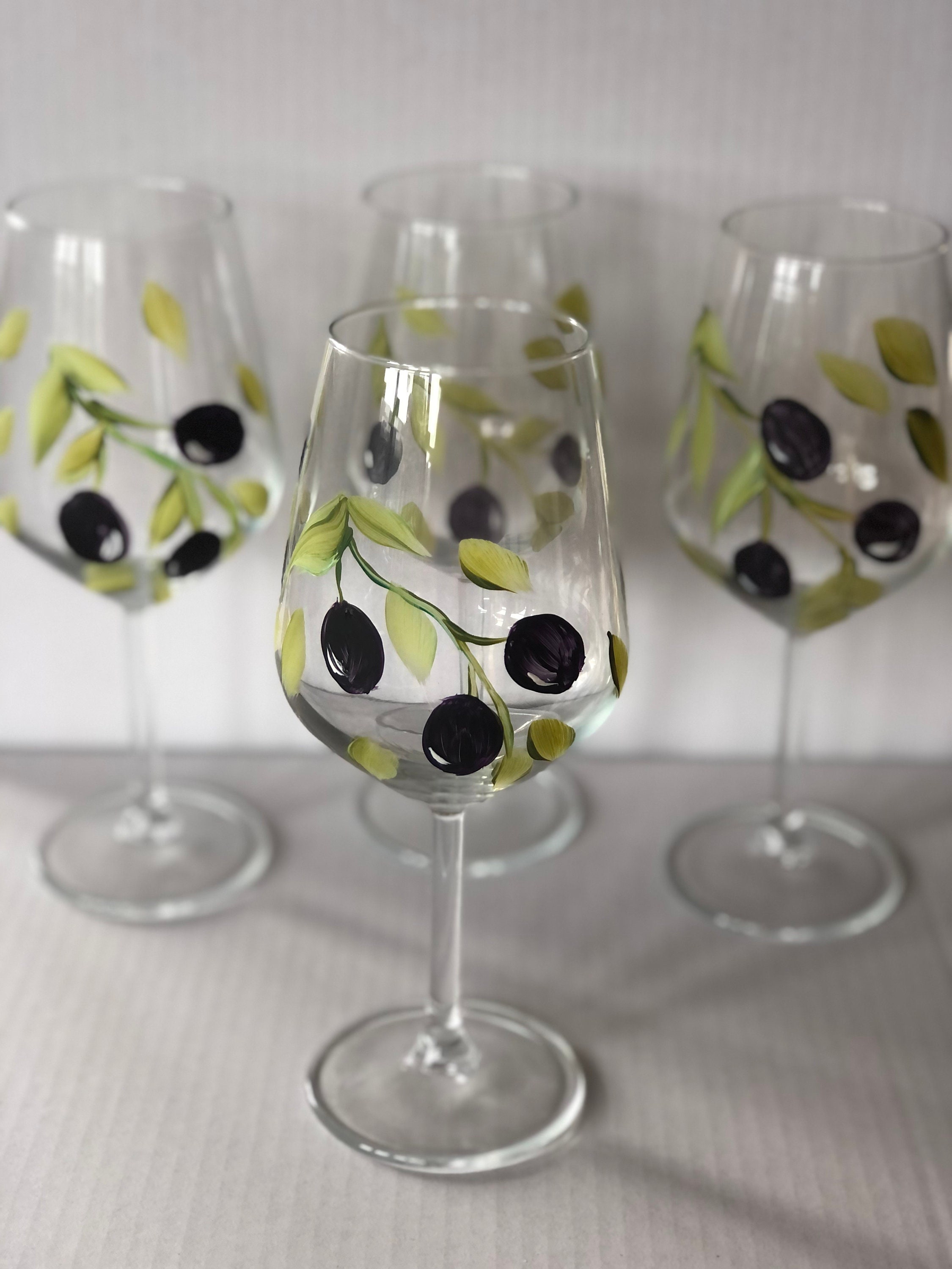 Set of Four Large Wine Glasses Hand Painted With Olives and Foliage - Etsy