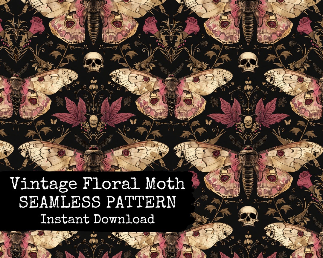 Dark Floral Moth Digital Seamless Pattern File - Vintage Skulls Moths ...