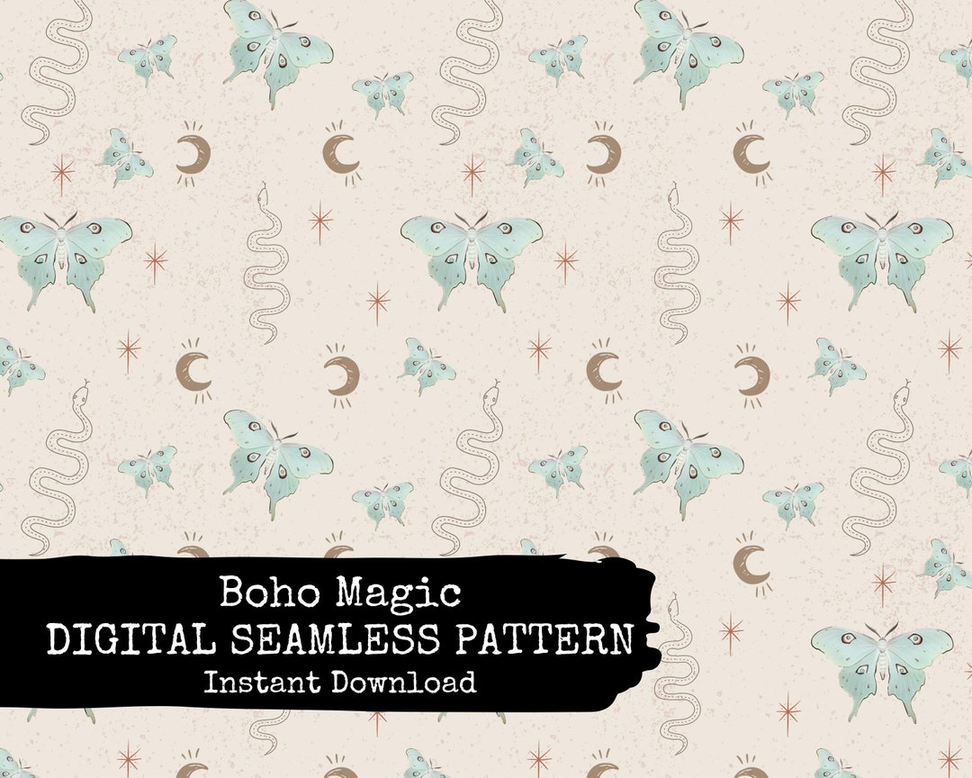 Seamless Witchy Pattern File - Boho Luna Moth, Serpent, Moon and Stars ...