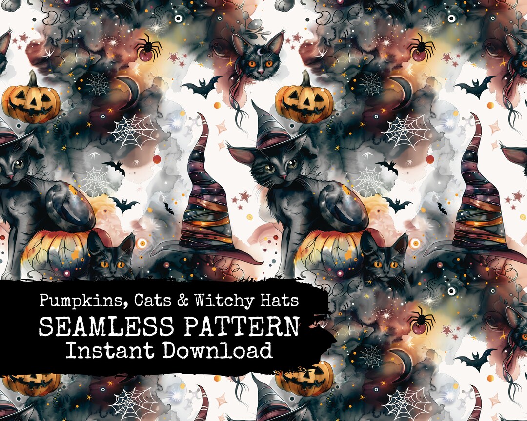 Cute Halloween Seamless Digital File - Pumpkins, Cats and Witchy Hats ...